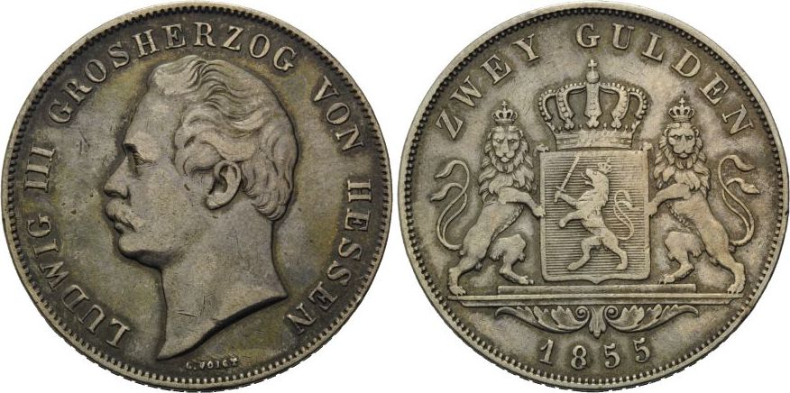 Hessen, 2 Gulden 1855, Großherzog Ludwig III., 1848-1877, dunkle Patina ...