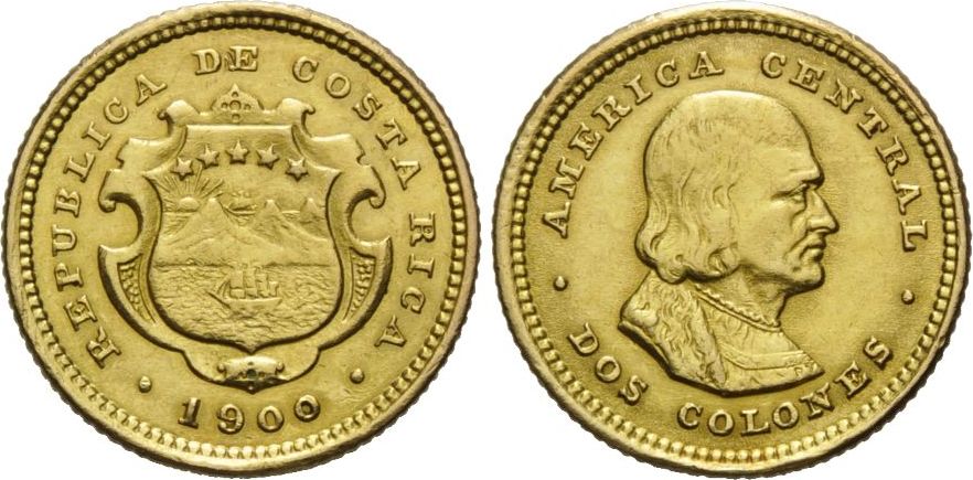 Costa Rica, 2 Colones 1900, Republik, seit 1821, kl.Rdf., VF-EF | MA-Shops