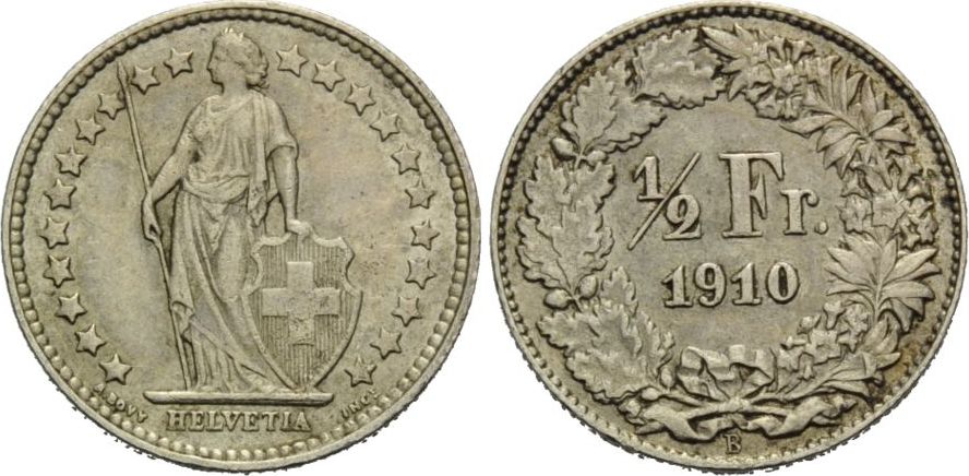 Schweiz 1/2 Franken 1910, Kursmünze, VF | MA-Shops
