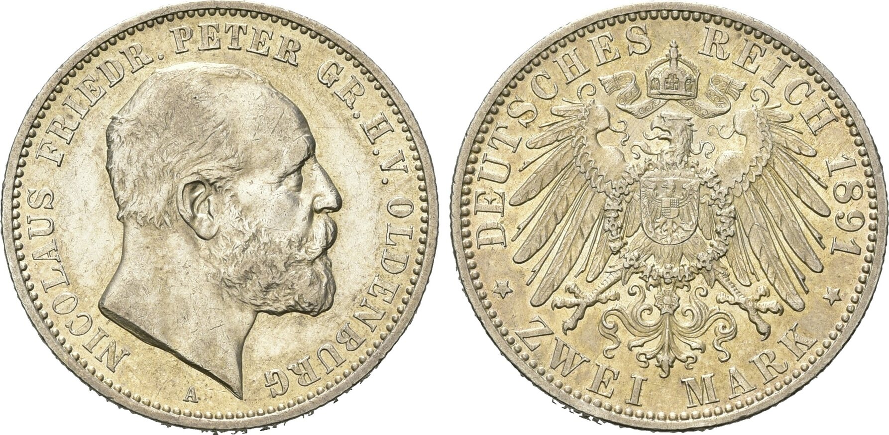 Oldenburg, 2 Mark 1891, Nicolaus Friedrich Peter, 1853-1900, AU | MA-Shops