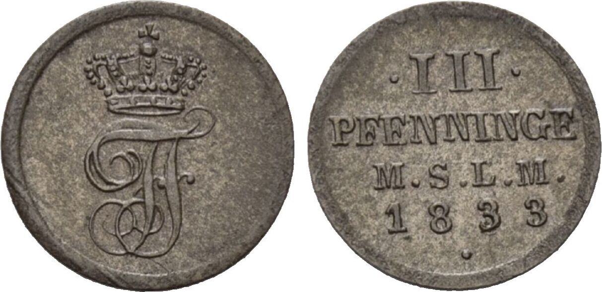 Mecklenburg-Schwerin, Dreiling = 3 Pfennig 1833, Friedrich Franz I., 1785-1837, VF-EF | MA-Shops