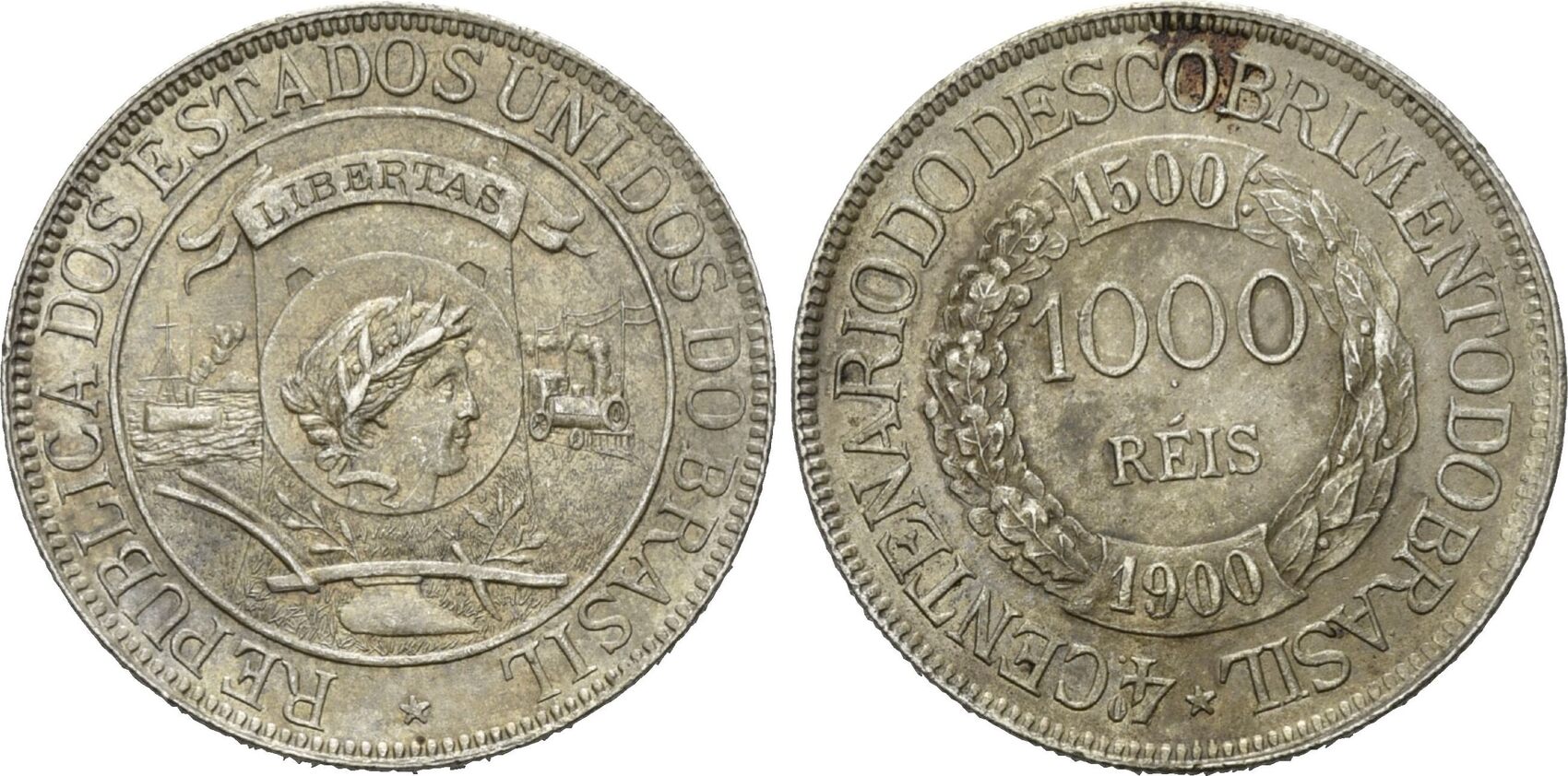 Brasilien, 1000 Reis 1900, Jubiläum 400 Jahre Entdeckung Brasiliens, VF ...