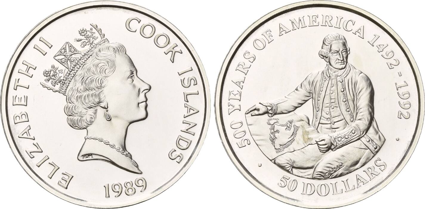 Cook Islands, 50 Dollar 1989, 500 Jahre Amerika - James Cook, Proof ...