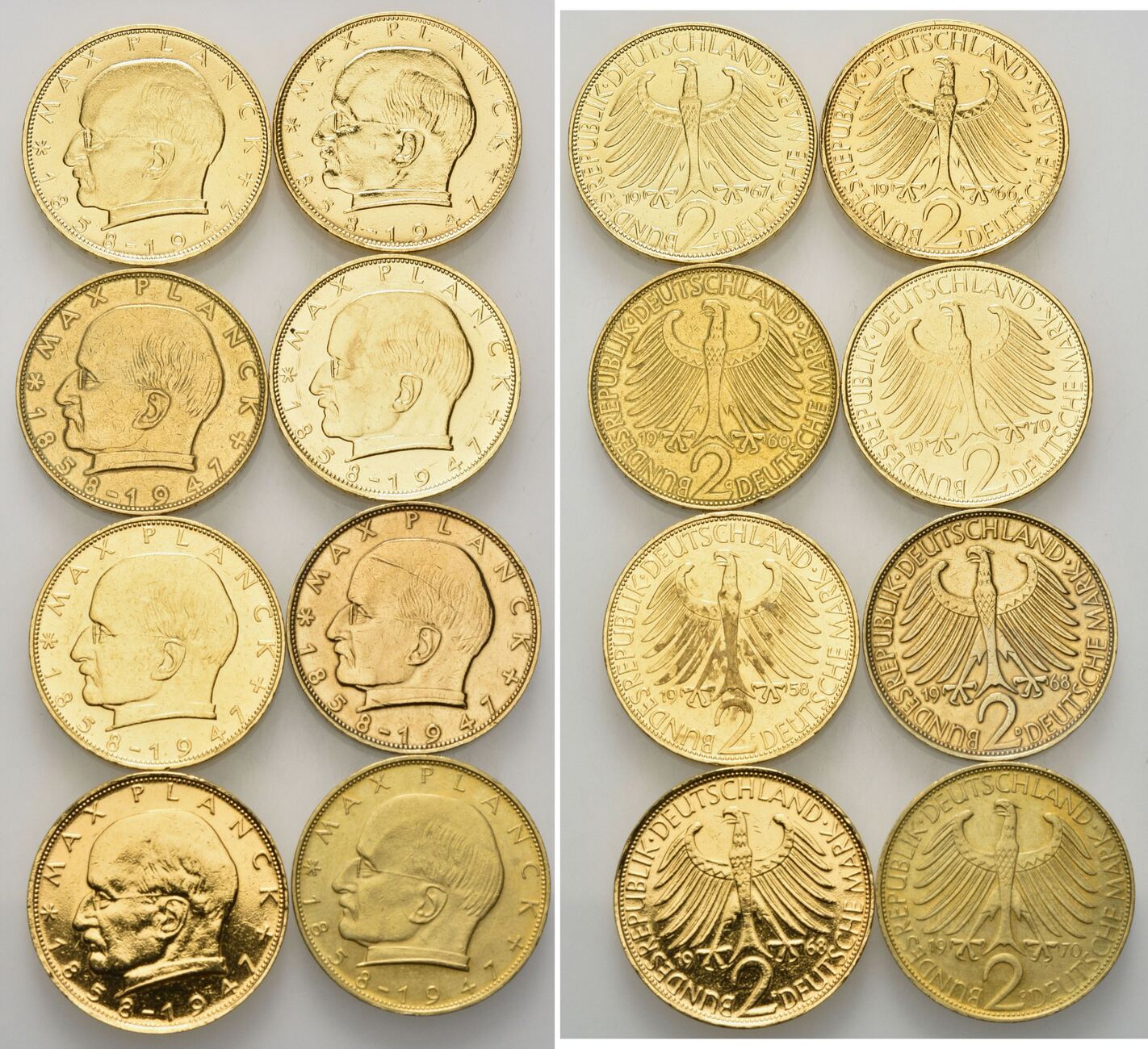 Deutschland, Lot 2 Mark 1958-1970, Max Planck, 8 Stück, vergoldet, UNC ...
