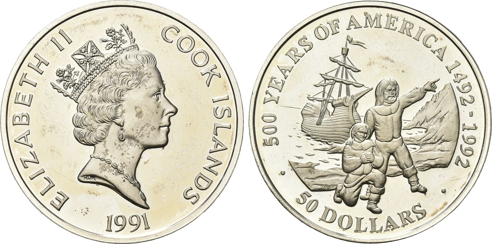 Cook Islands, 50 Dollars 1991, 500 Jahre Amerika - Mayflower, Kapsel ...