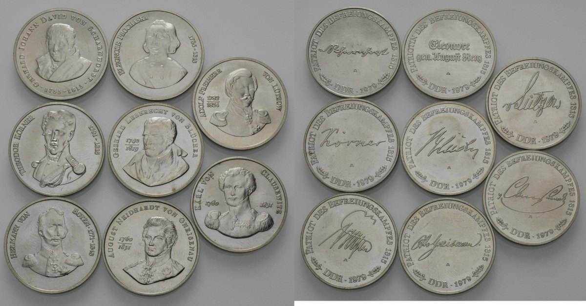 DDR, Neusilber-Medaillen (8 Stk.) 1979, Patrioten der Befreiungskriege ...