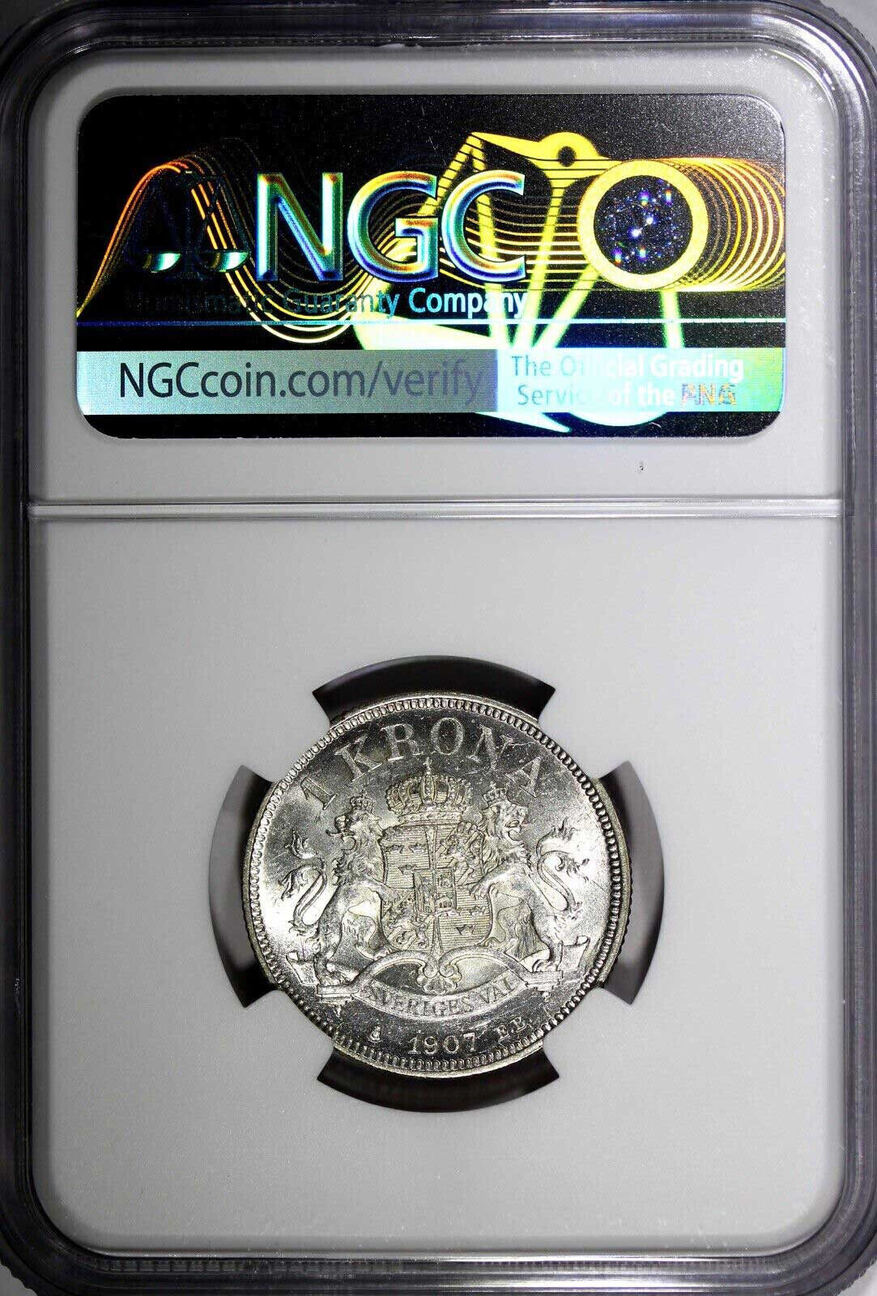 1 Krona Sweden Oscar II Silver 1907 EB NGC MS62 SCARCE KM# 772 (015 ...
