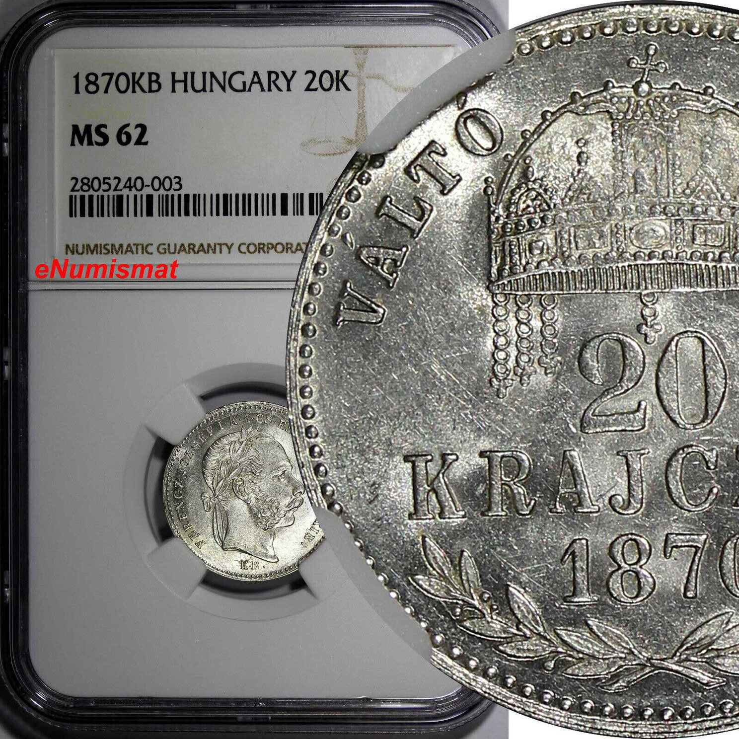 20 Krajczar Hungary Silver 1870 KB NGC MS62 ONE GRADED HIGHEST RARE KM#452.1 (3) | MA-Shops