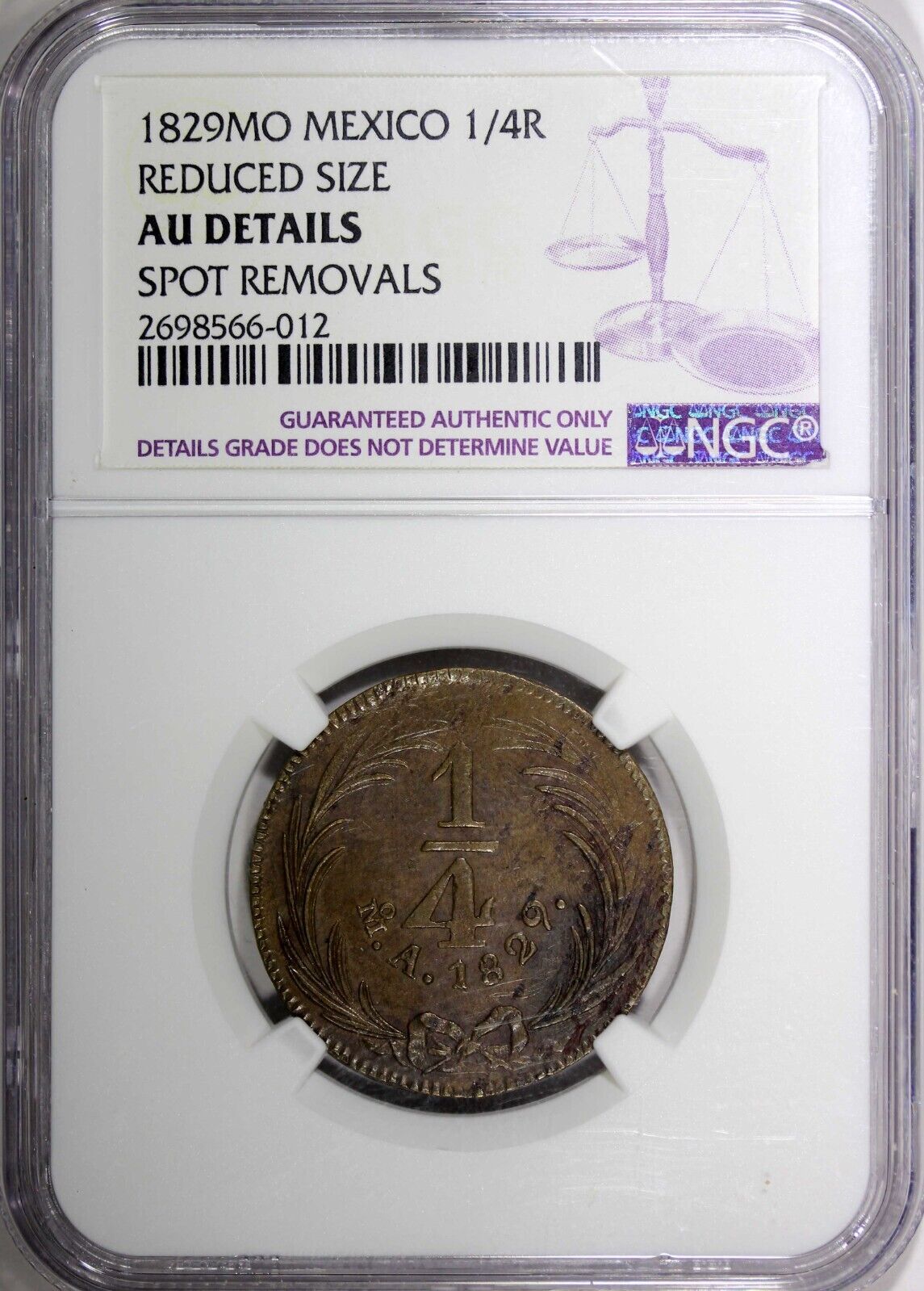 1/4 Real MEXICO Copper 1829 Mo Federal NGC AU DETAILS 1st Date Type RARE KM# 358 | MA-Shops
