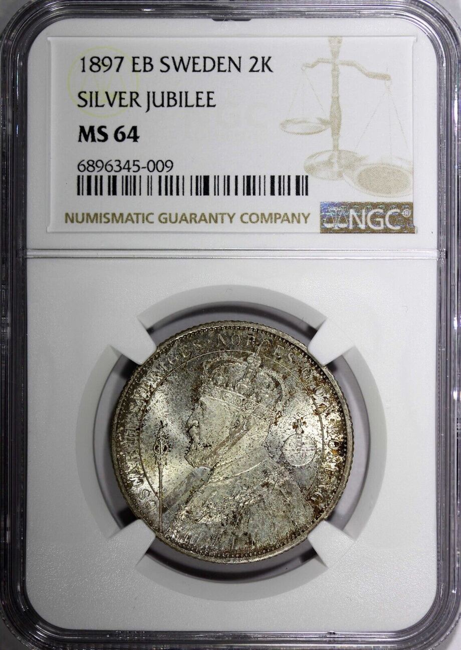 2 Kronor SWEDEN Silver Jubilee Oscar II 1897 EB NGC MS64 Nice Toned KM# 762 (09) | MA-Shops