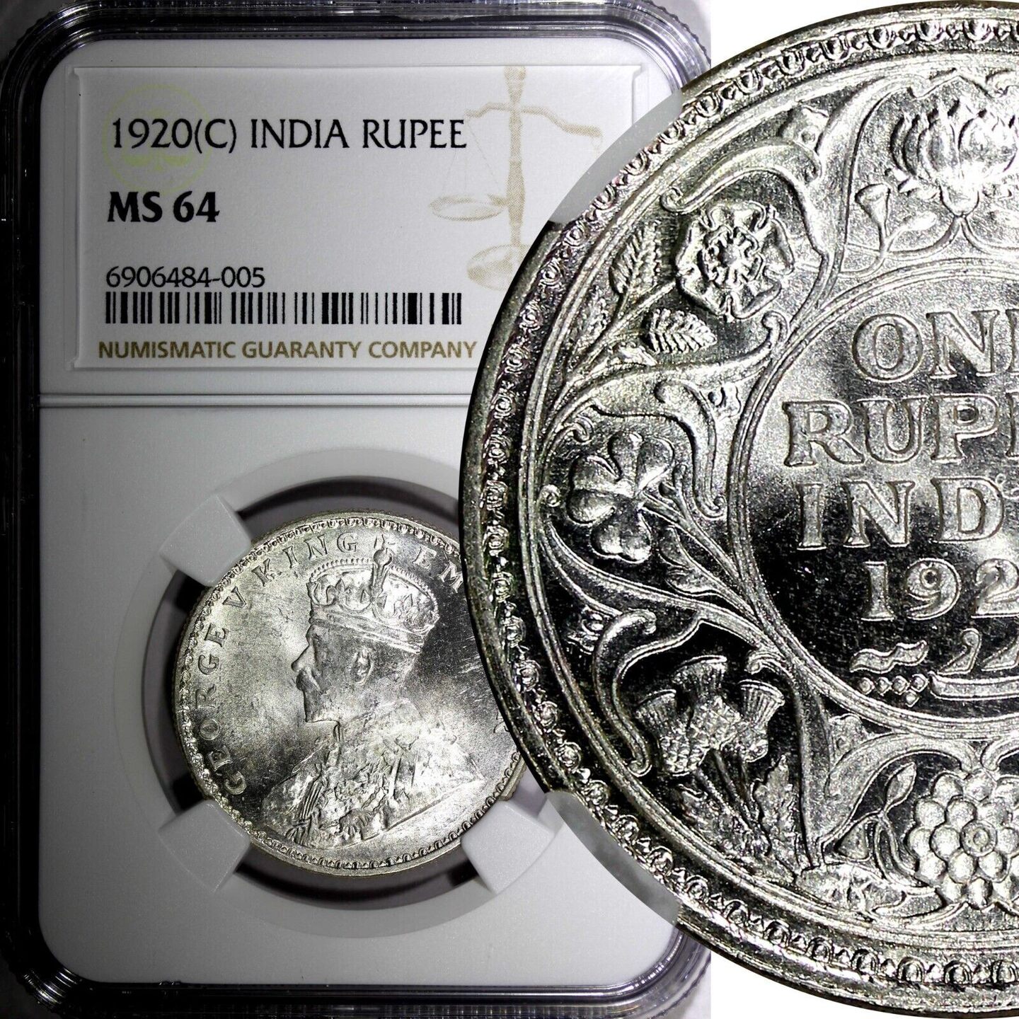 Rupee India-British George V Silver 1920 (C) NGC MS64 Calcutta Mint KM ...