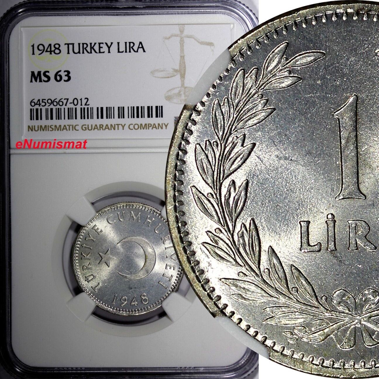 1 Lira Turkey Silver 1948 NGC MS63 Light Toned KM# 883 (012) | MA-Shops