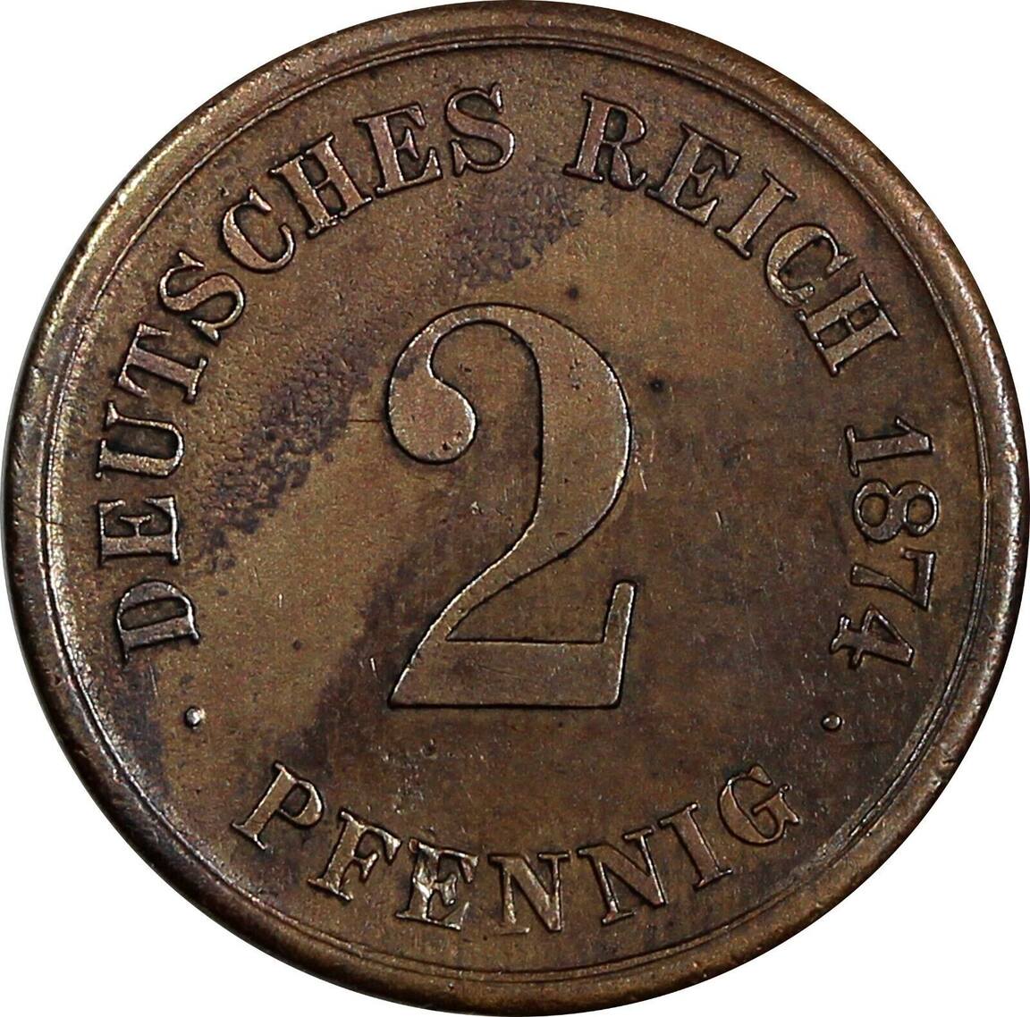 2 Pfennig Germany Empire Wilhelm I Bronze 1874 D Munich Mint Xf Km 2