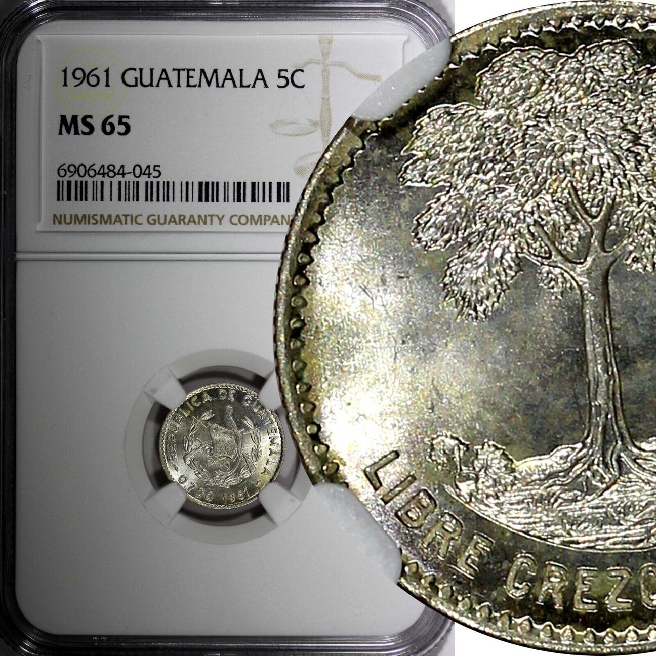 5 Centavos GUATEMALA Silver 1961 NGC MS65 GEM BU Nice Toned KM# 260 (045) | MA-Shops