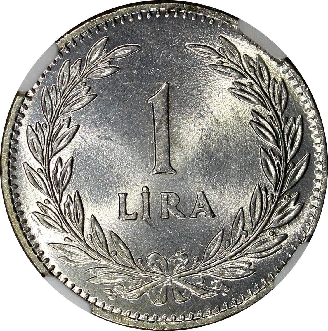 1 Lira Turkey Silver 1948 NGC MS63 Light Toned KM# 883 (012) | MA-Shops