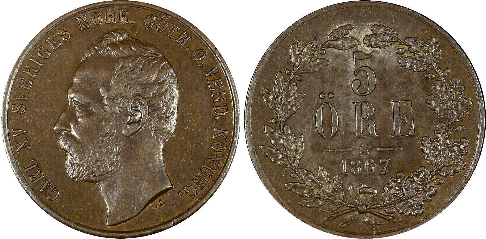 Bronze Sweden Carl XV Adolf (1859-1872) 1867 L.A.5 Ore 28.9mm UNC KM ...