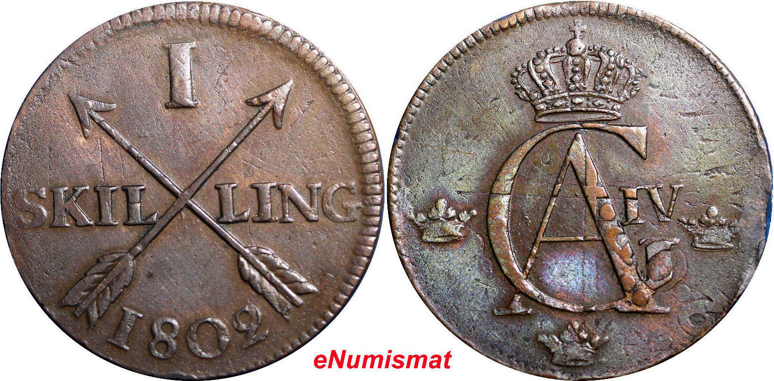 1 SKILLING SWEDEN COPPER 1802 OVERSTRUCK ON 2 ORE S.M. 176? KM#566 ...