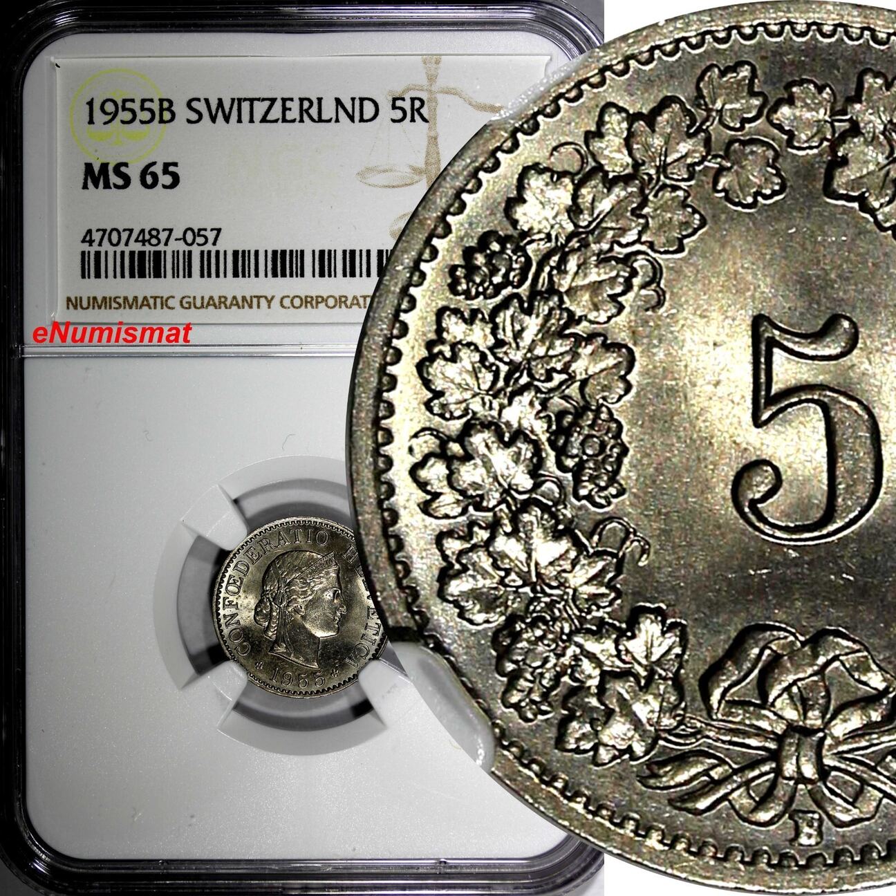 5 Rappen SWITZERLAND Copper-Nickel 1955 B NGC MS65 HELVETICA KM# 26 ...