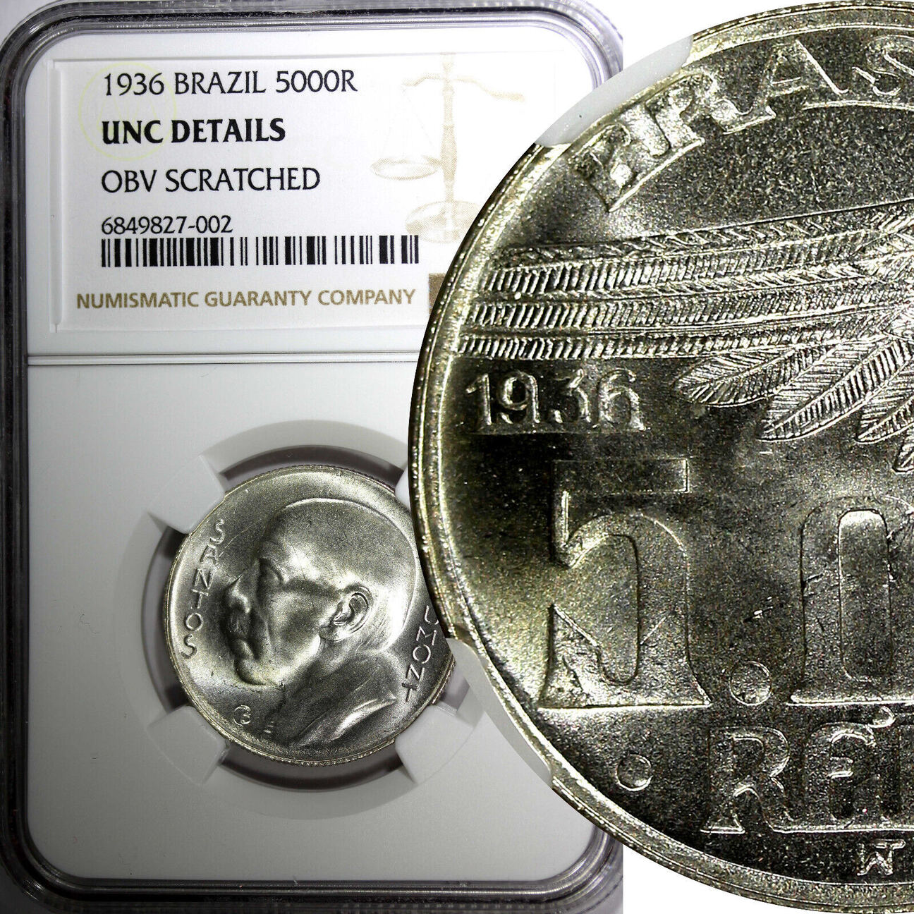 5000 Reis Brazil Silver 1936 NGC UNC DETAILS Alberto Santos Dumont KM ...