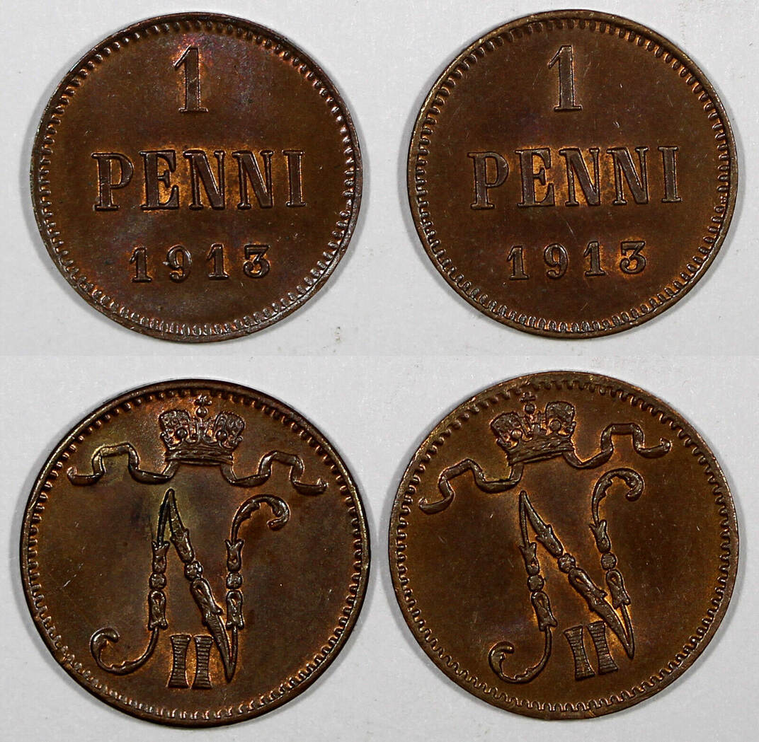 1 Penni FINLAND Nicholas II LOT OF 2 COINS Copper 1913 UNC KM#13 (20 ...