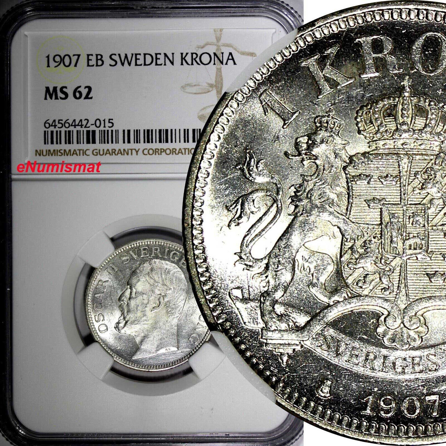 1 Krona Sweden Oscar II Silver 1907 EB NGC MS62 SCARCE KM# 772 (015) | MA-Shops