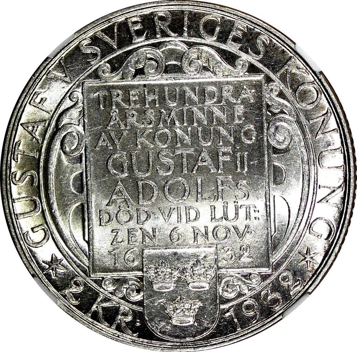 2 Kronor SWEDEN Silver 1932 G NGC MS62 Death of Gustaf II Adolf BU KM ...