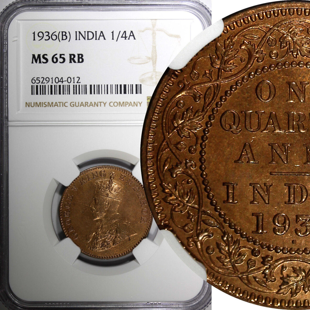 1/4 Anna India-British George V Bronze 1936 (B) NGC MS65 RB LAST DATE ...