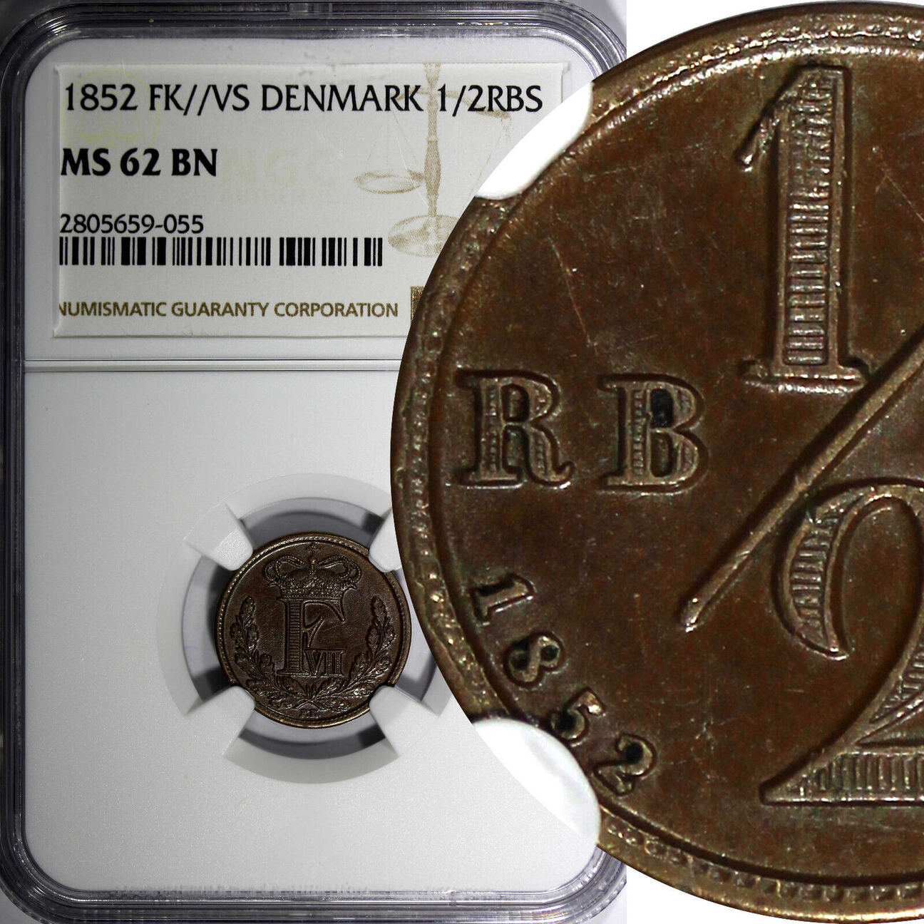 1/2 Rigsbankskilling Denmark Frederik VII 1852 FK VS NGC MS62 BN KM# 753 (055) | MA-Shops