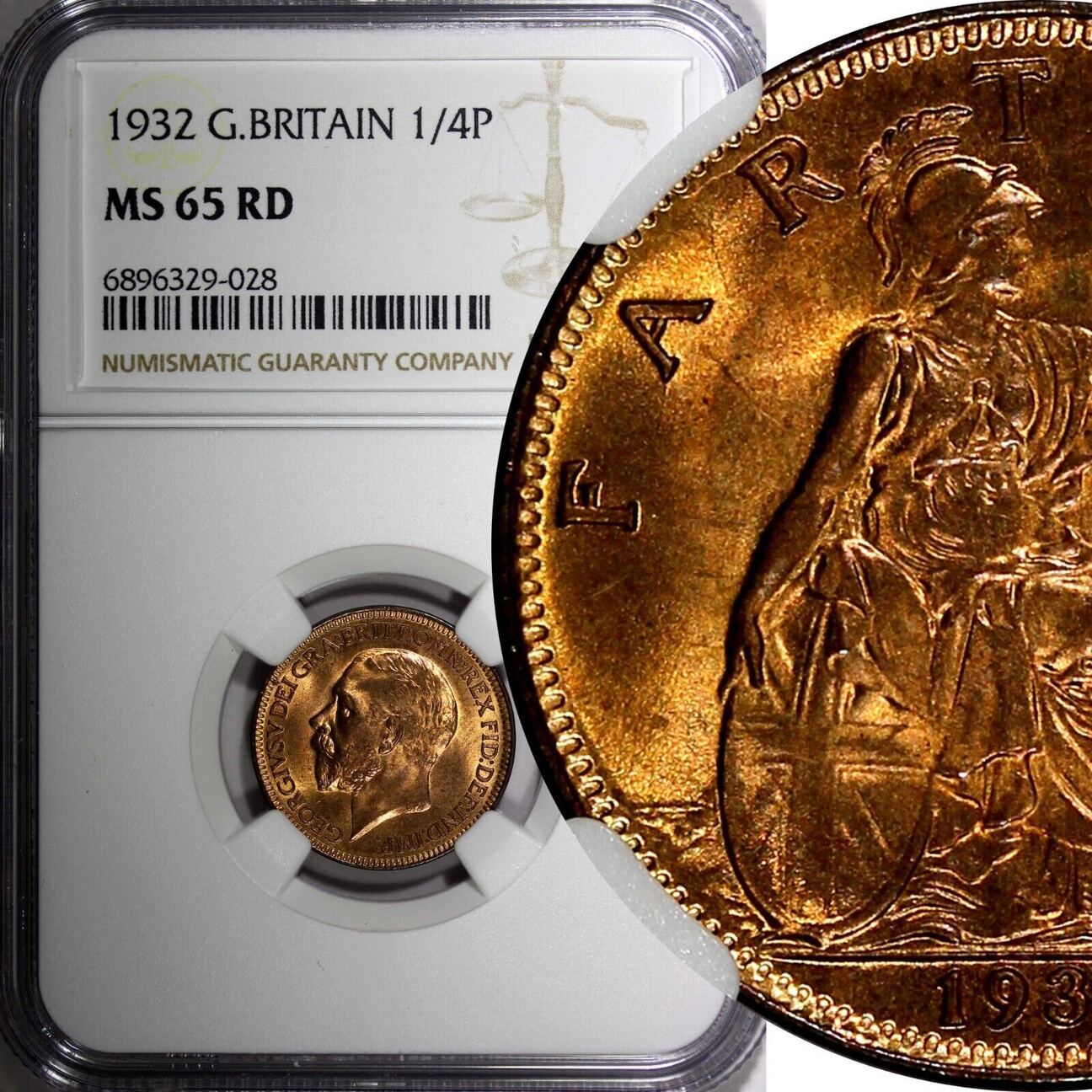 United Kingdom 1932 Farthing 1932 Great Britain George V (1910-1936) Bronze NGC MS65 RD KM# 825 ...