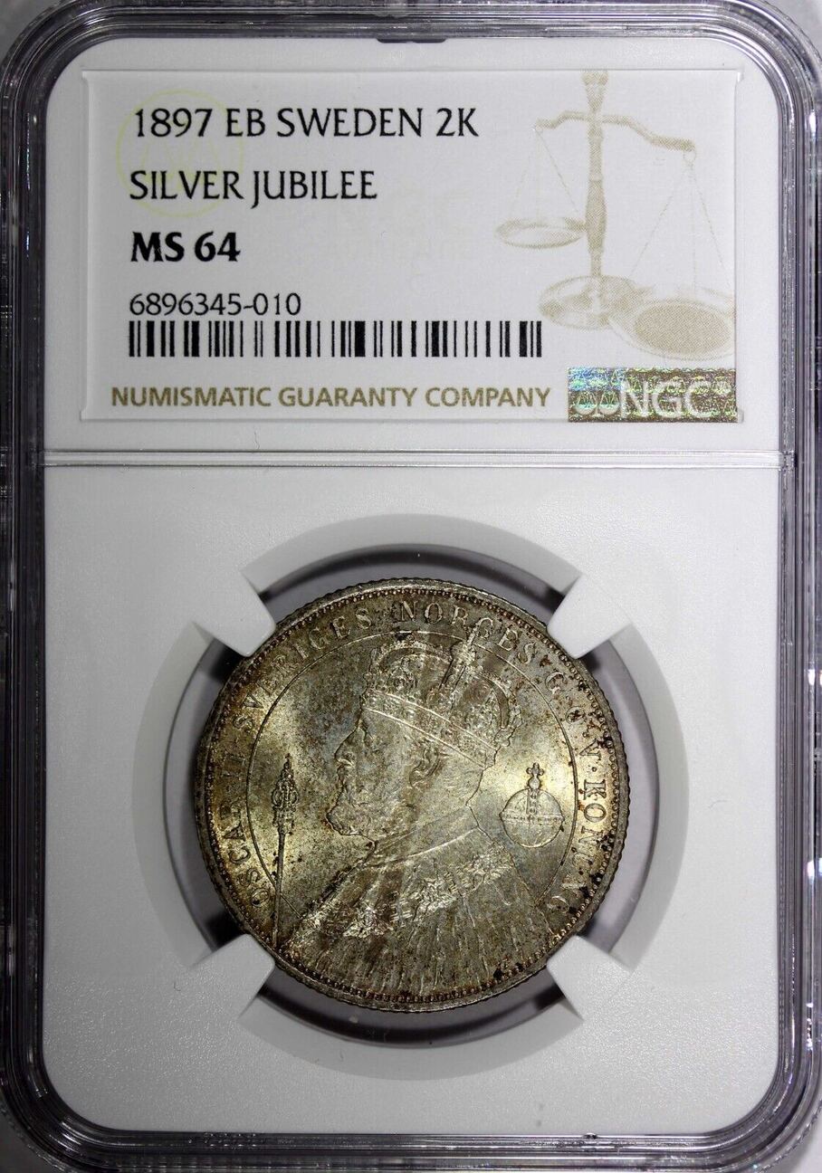 2 Kronor SWEDEN Silver Jubilee Oscar II 1897 EB NGC MS64 KM# 762 (10) | MA-Shops