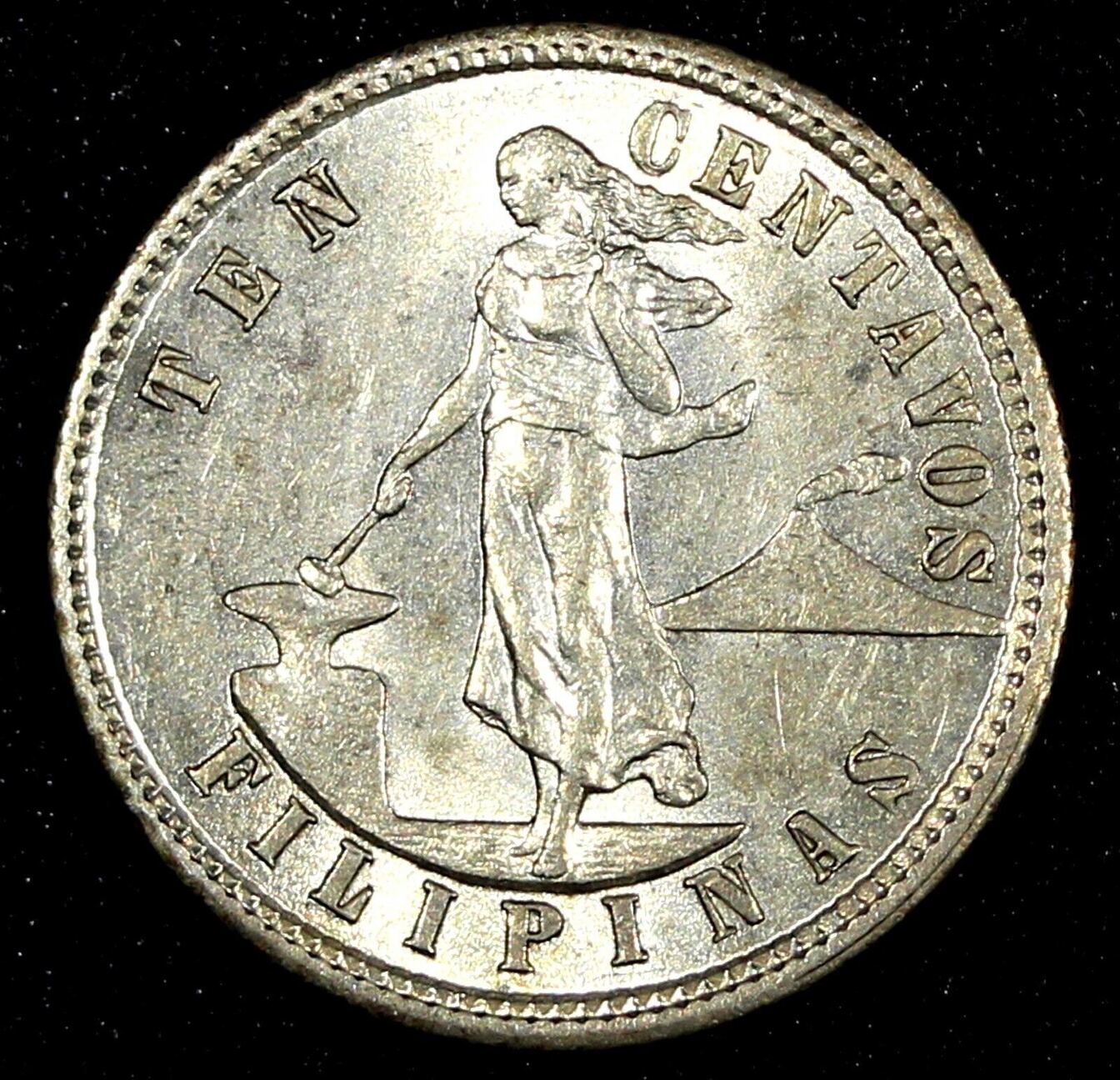 10 Centavos Philippines Silver 1903 1st Year Type aUNC Toned KM# 165 (27 039) | MA-Shops