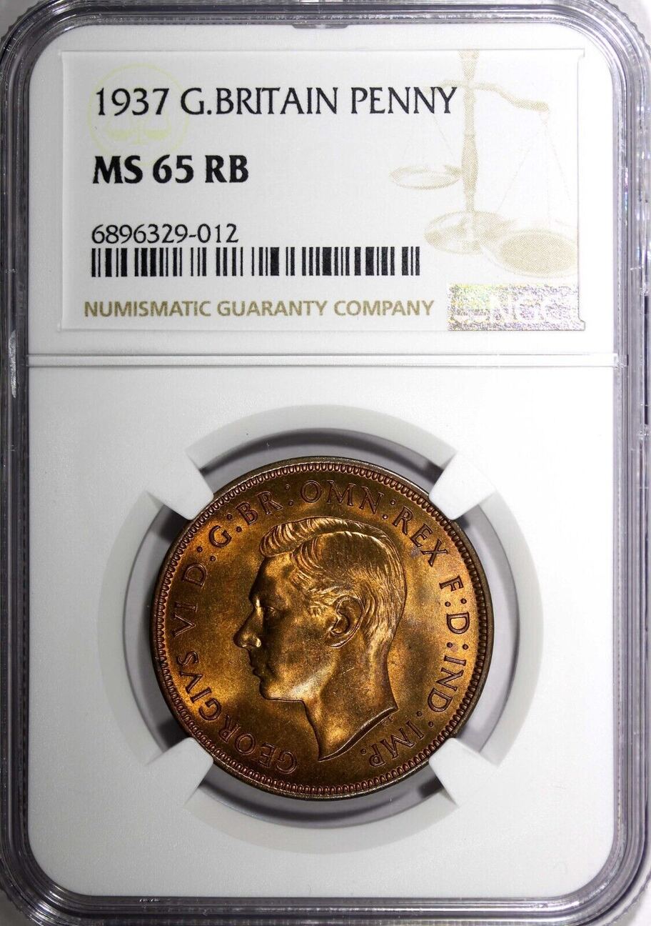 United Kingdom 1 Penny GREAT BRITAIN George VI Bronze 1937 NGC MS65 RB TONING KM# 845 (012) | MA ...