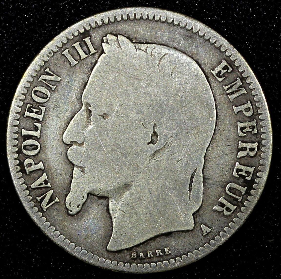 1 Franc 1867 FRANCE Napoleon III Silver 1868 A Paris Mint KM# 806.1 (25 ...