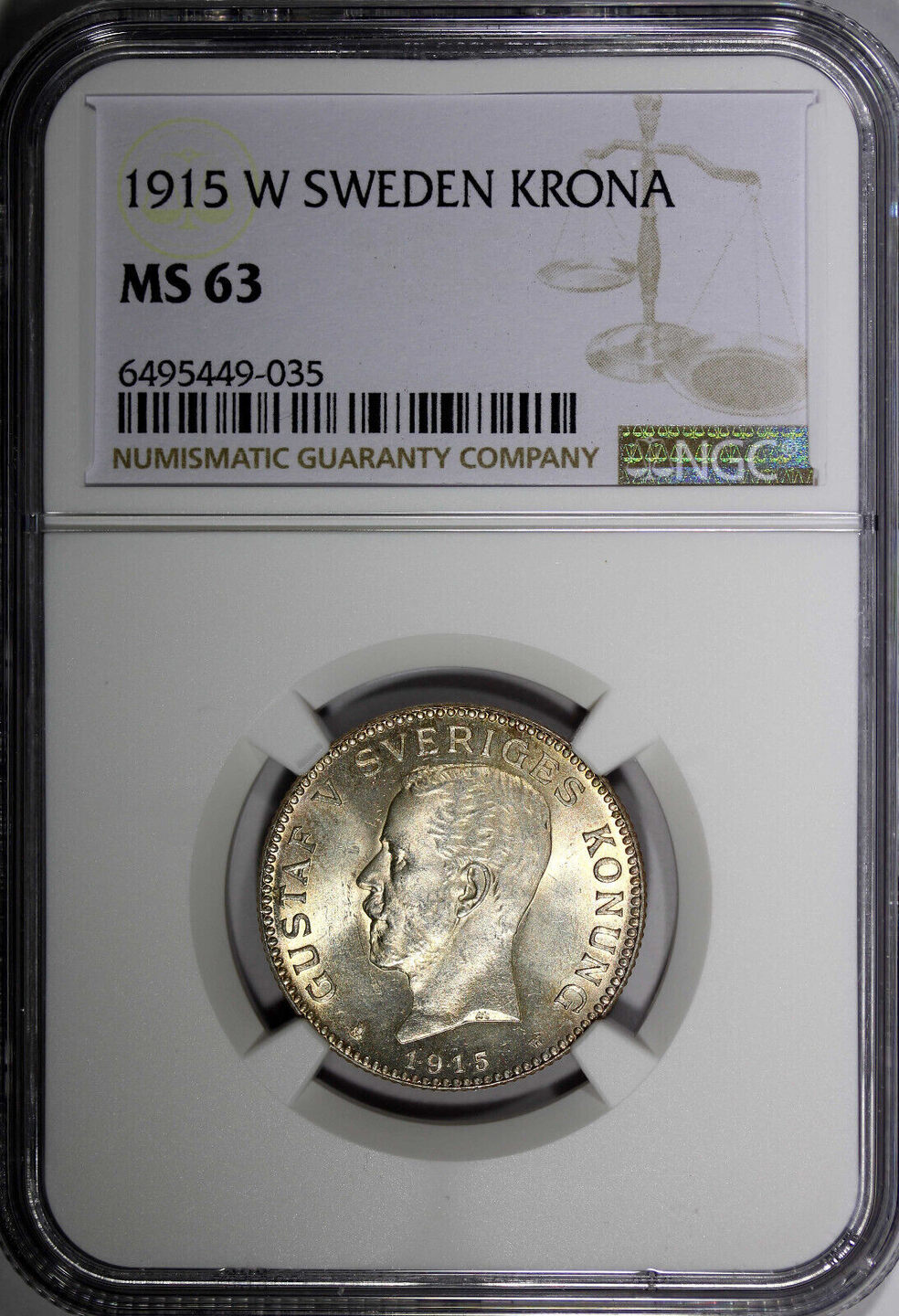 1 Krona SWEDEN Gustaf V Silver 1915 W NGC MS63 NICE TONED KM# 786.1 (035) | MA-Shops