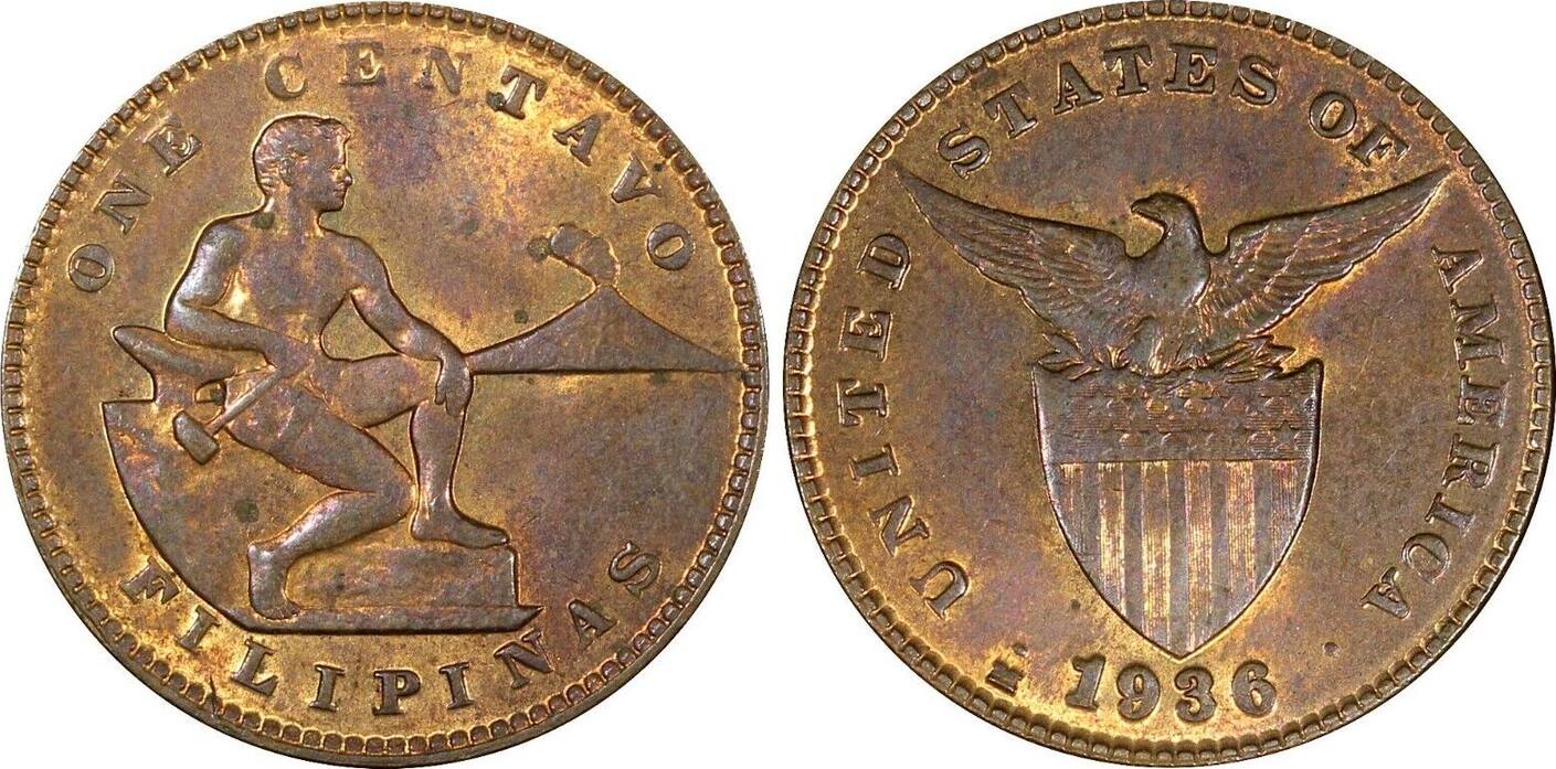 1 Centavo Philippines Bronze 1936 M Manila Mint Red Brown aUNC KM# 163 ...