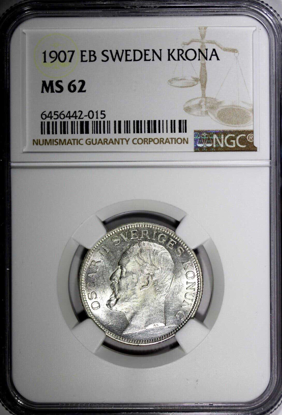 1 Krona Sweden Oscar II Silver 1907 EB NGC MS62 SCARCE KM# 772 (015) | MA-Shops