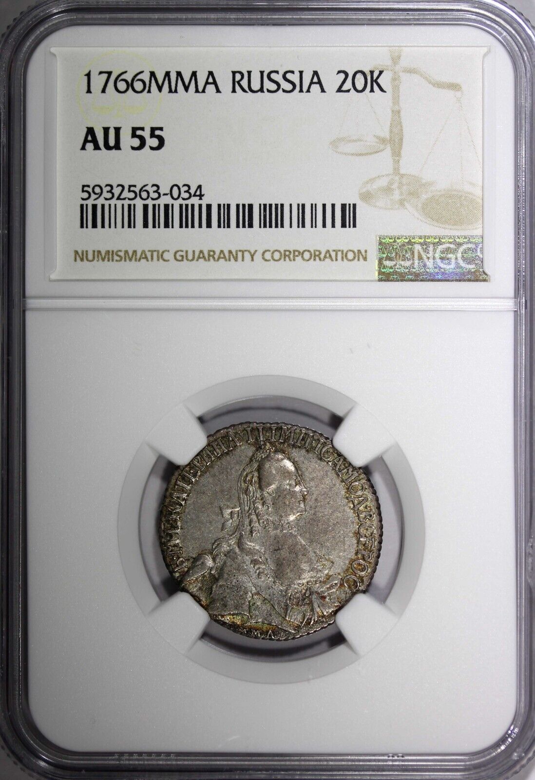 Russian Federation 20 Kopecks RUSSIA Catherine II Silver 1766 MMD Moscow Mint NGC AU55 C#63a.1 ...