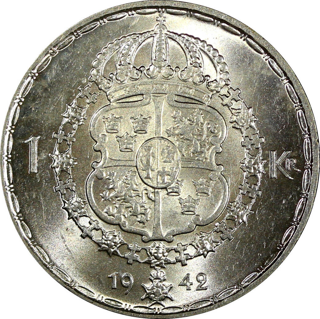 1 Krona Sweden Gustaf V Silver 1942 G UNC Light Toned 25mm KM# 814 (22 113) | MA-Shops