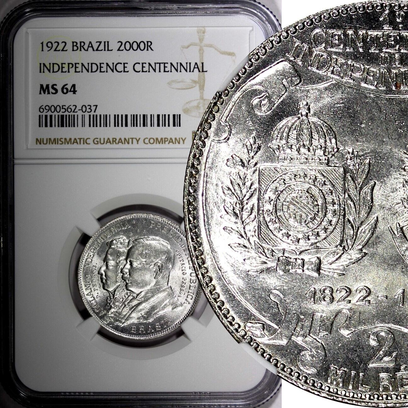 2000 Reis BRAZIL Silver 1922 Independence Centennial 1 YEAR TYPE NGC MS64 KM#523 | MA-Shops