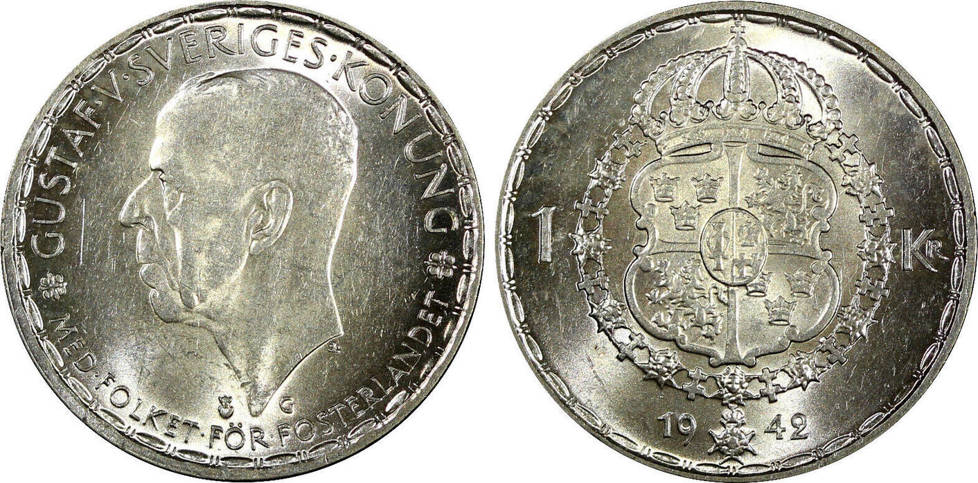 1 Krona Sweden Gustaf V Silver 1942 G UNC Light Toned 25mm KM# 814 (22 113) | MA-Shops