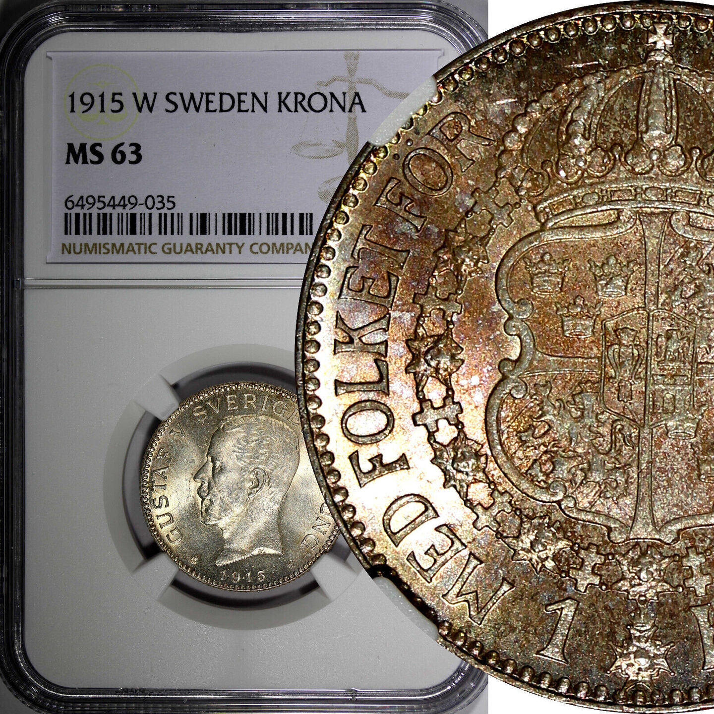 1 Krona SWEDEN Gustaf V Silver 1915 W NGC MS63 NICE TONED KM# 786.1 (035) | MA-Shops
