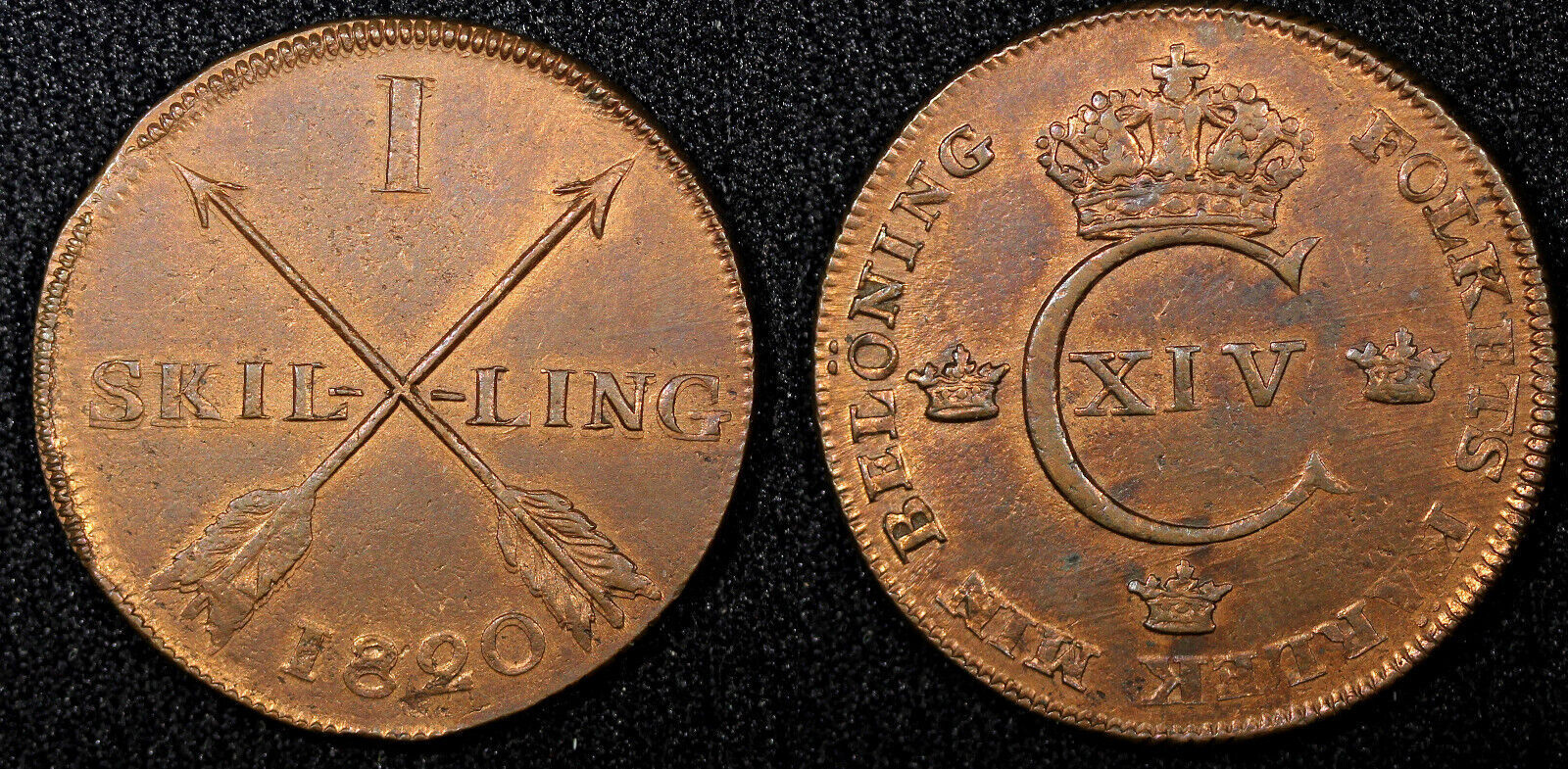 1 Skilling Sweden Carl XIV Johan Copper 1820 KEY DATE XF SCARCE KM# 597 ...