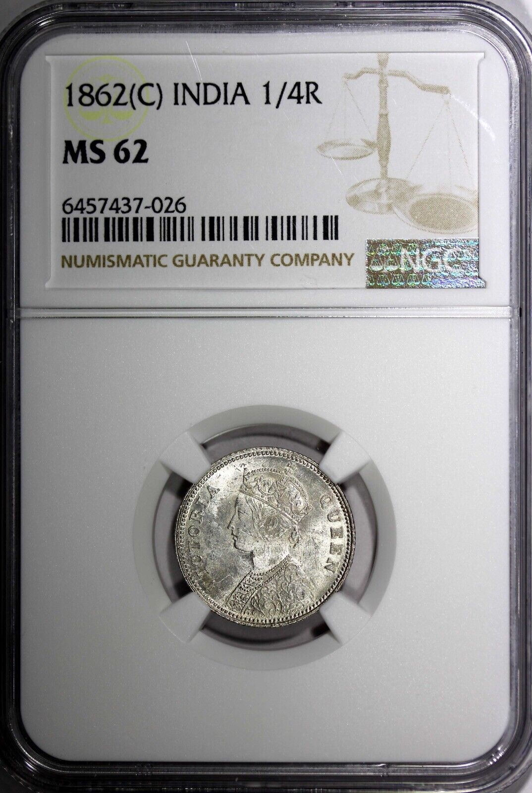 1/4 Rupee India-British Victoria Silver 1862 (C) Calcutta NGC MS62 KM# 470 (026) | MA-Shops