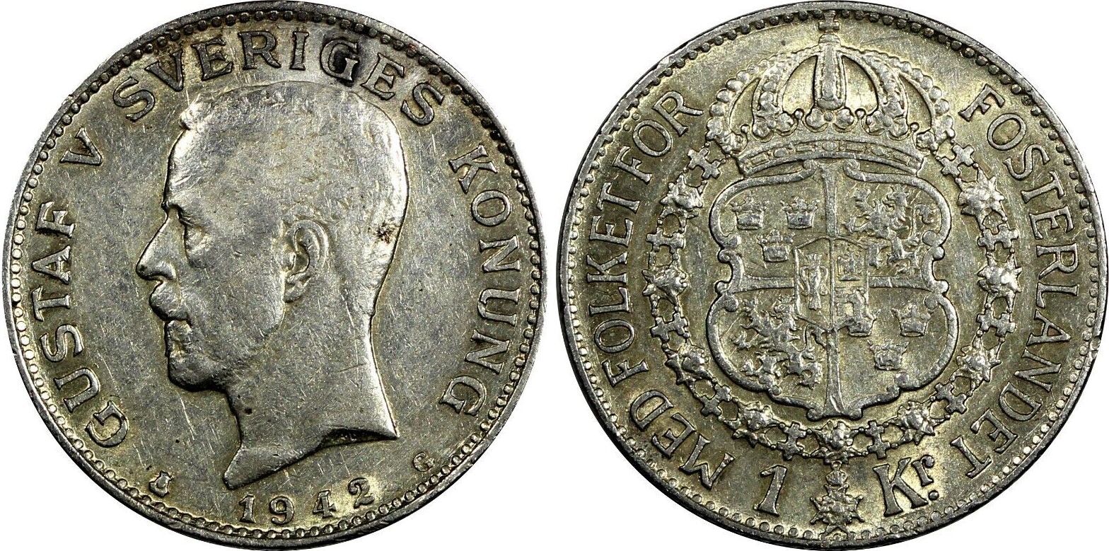 SWEDEN Gustaf V Silver 1942 G Krona KEY DATE RARE KM# 786.2 (20 604) Uncertified | MA-Shops