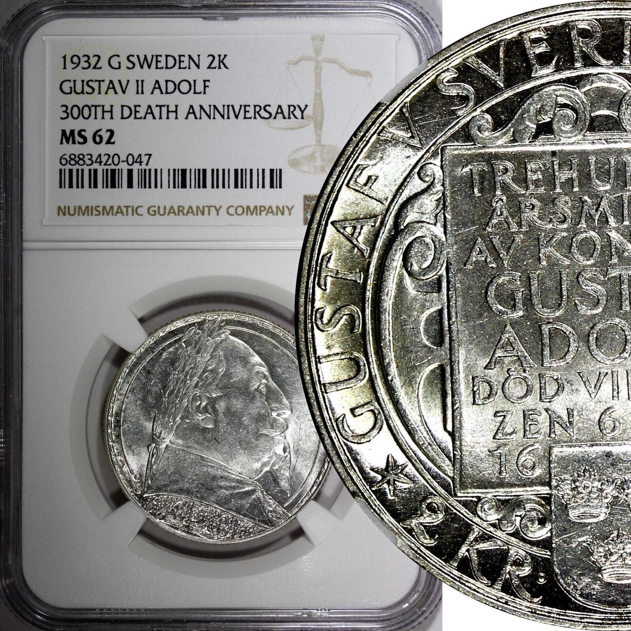 2 Kronor SWEDEN Silver 1932 G NGC MS62 Death of Gustaf II Adolf BU KM# 805 (047) | MA-Shops