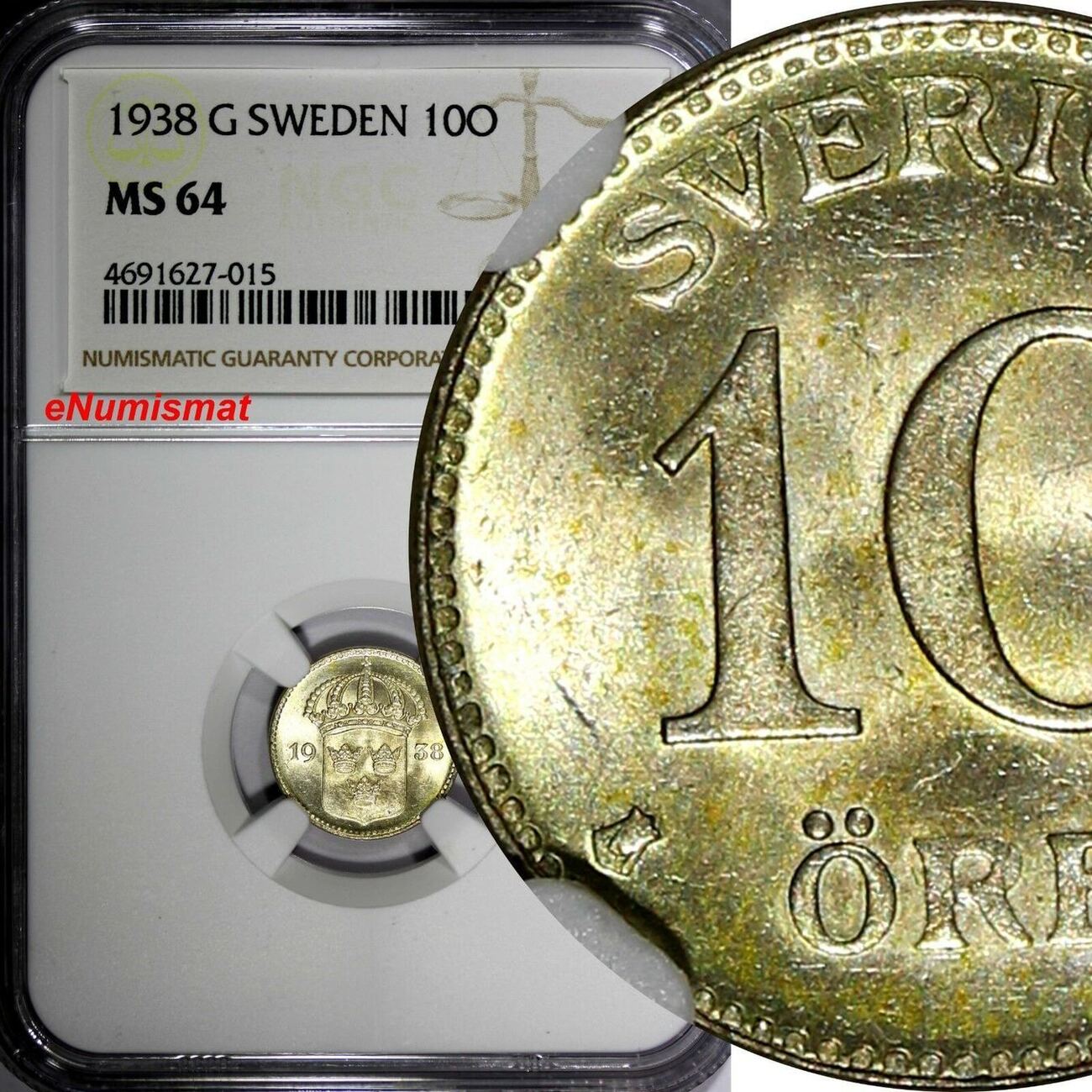 SWEDEN Gustaf V Silver 1938 G 10 Ore NGC MS64 GEM BU KM# 780 (015) | MA-Shops