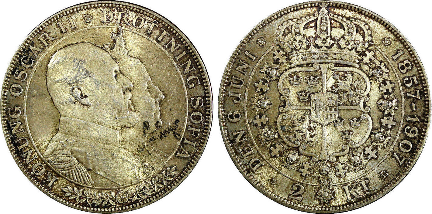 2 Kronor SWEDEN Oscar II Silver 1907 EB Golden Wedding Anniversary KM# 776 (121) Uncertified ...