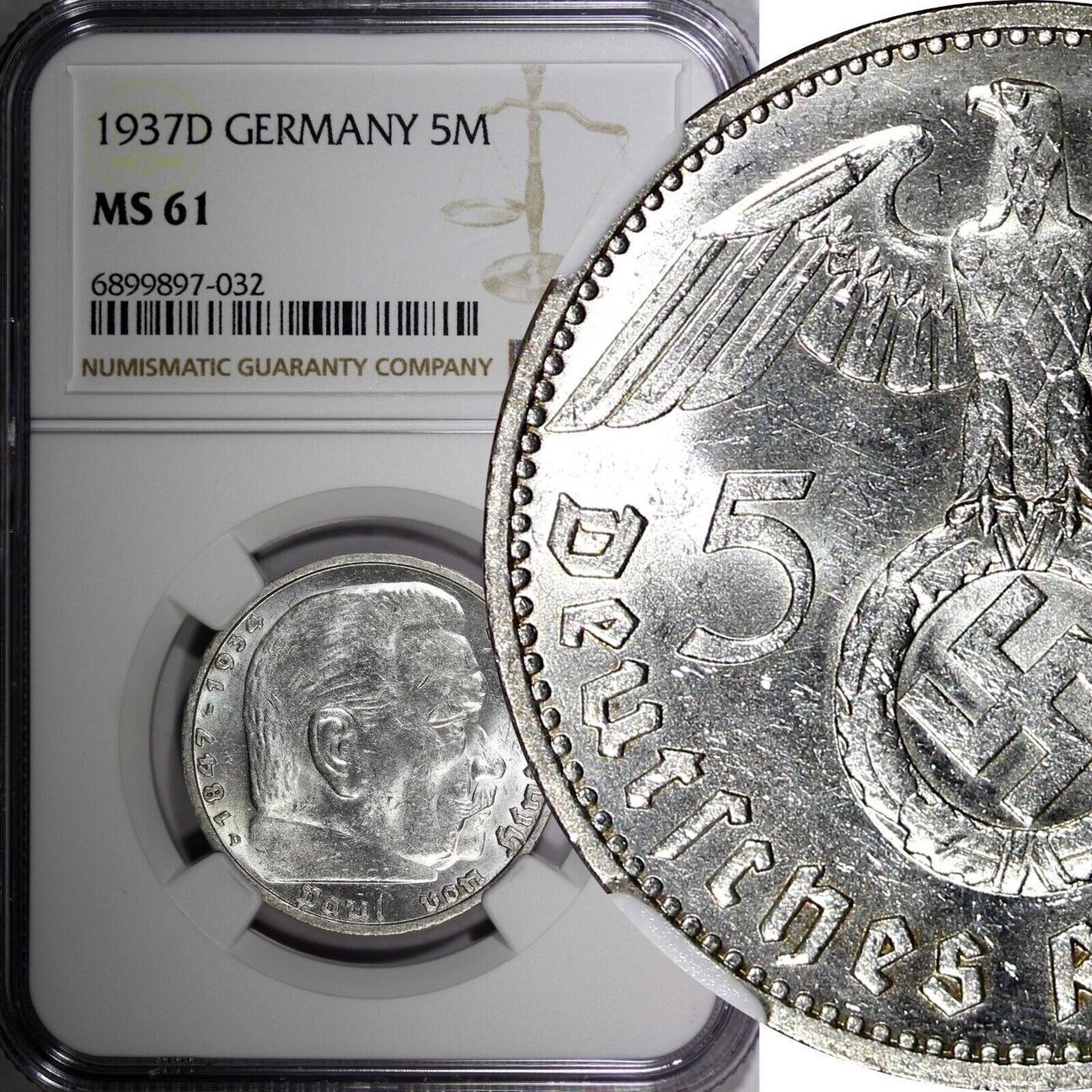 5 Reichsmark Germany - Third Reich Silver 1937 D NGC MS61 Munich Mint KM# 94 (2) | MA-Shops