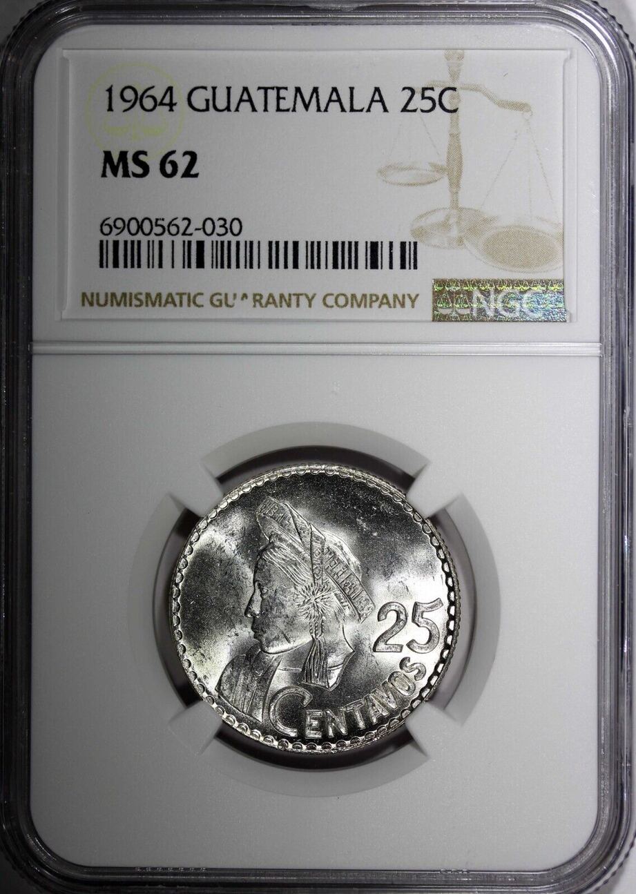 25 Centavos GUATEMALA Silver 1964 NGC MS62 GEM BU LAST YEAR KM# 263 (030) | MA-Shops