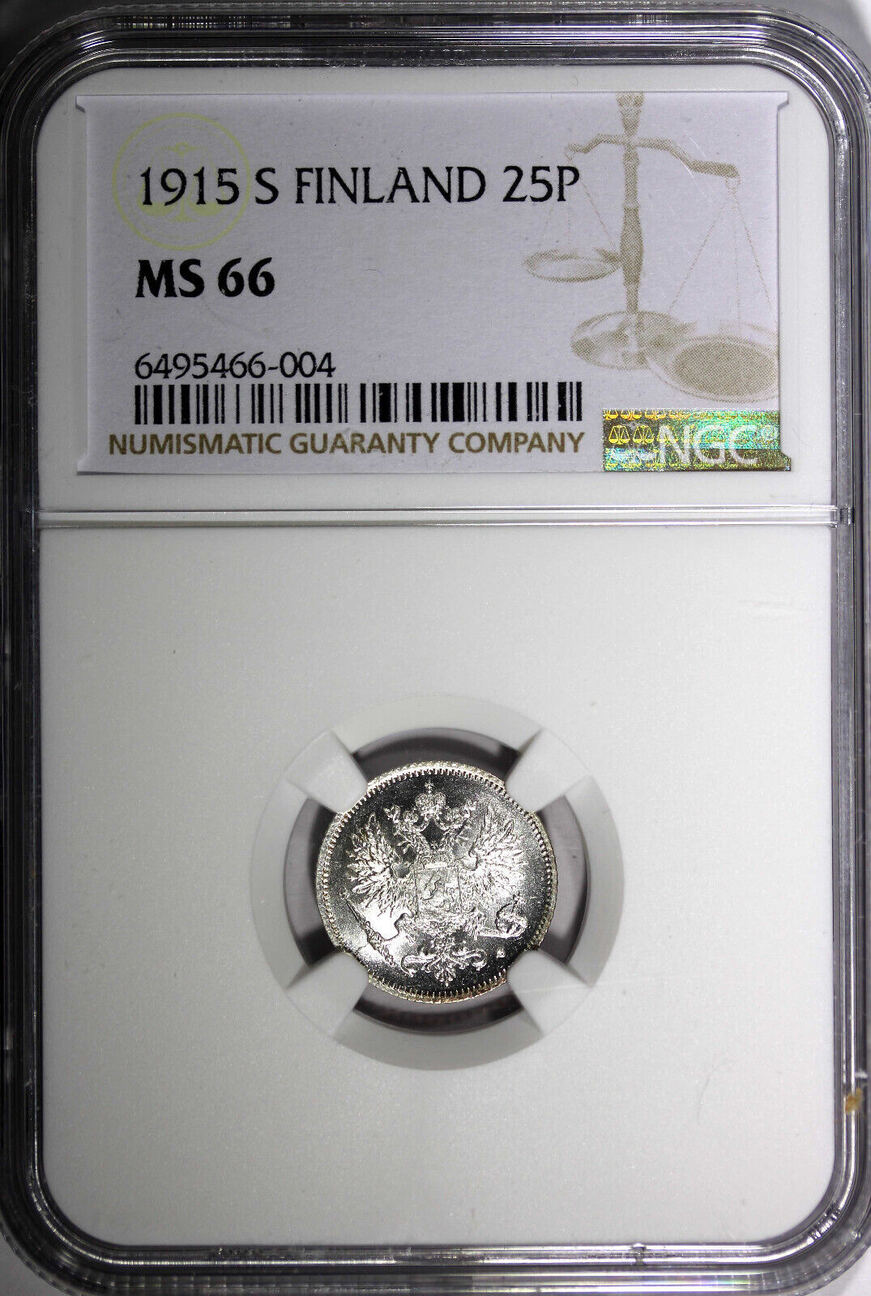 25 Pennia FINLAND Nicholas II Silver 1915 S NGC MS66 WWI GEM BU KM #6.2 (04) | MA-Shops